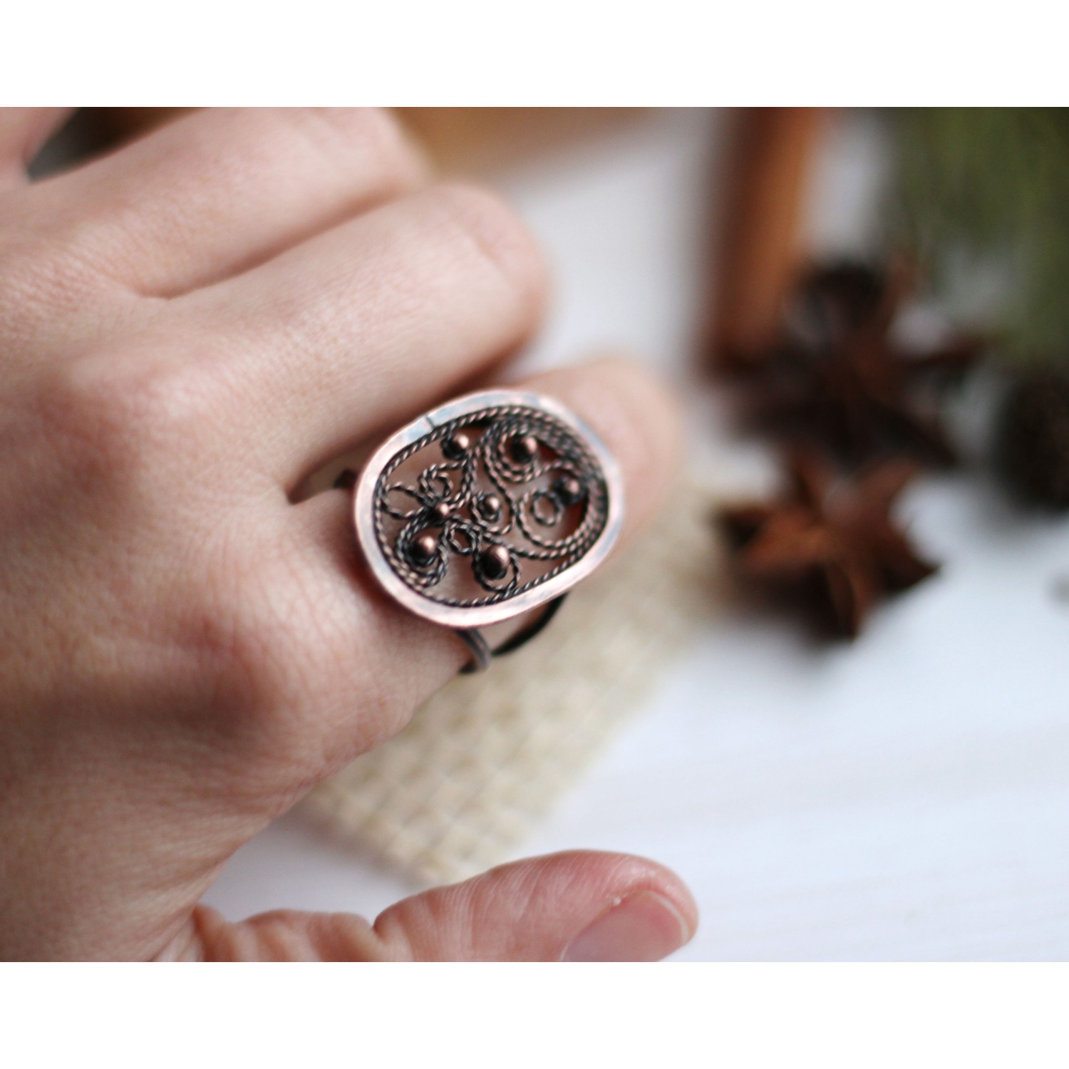Copper ring, filigree pattern